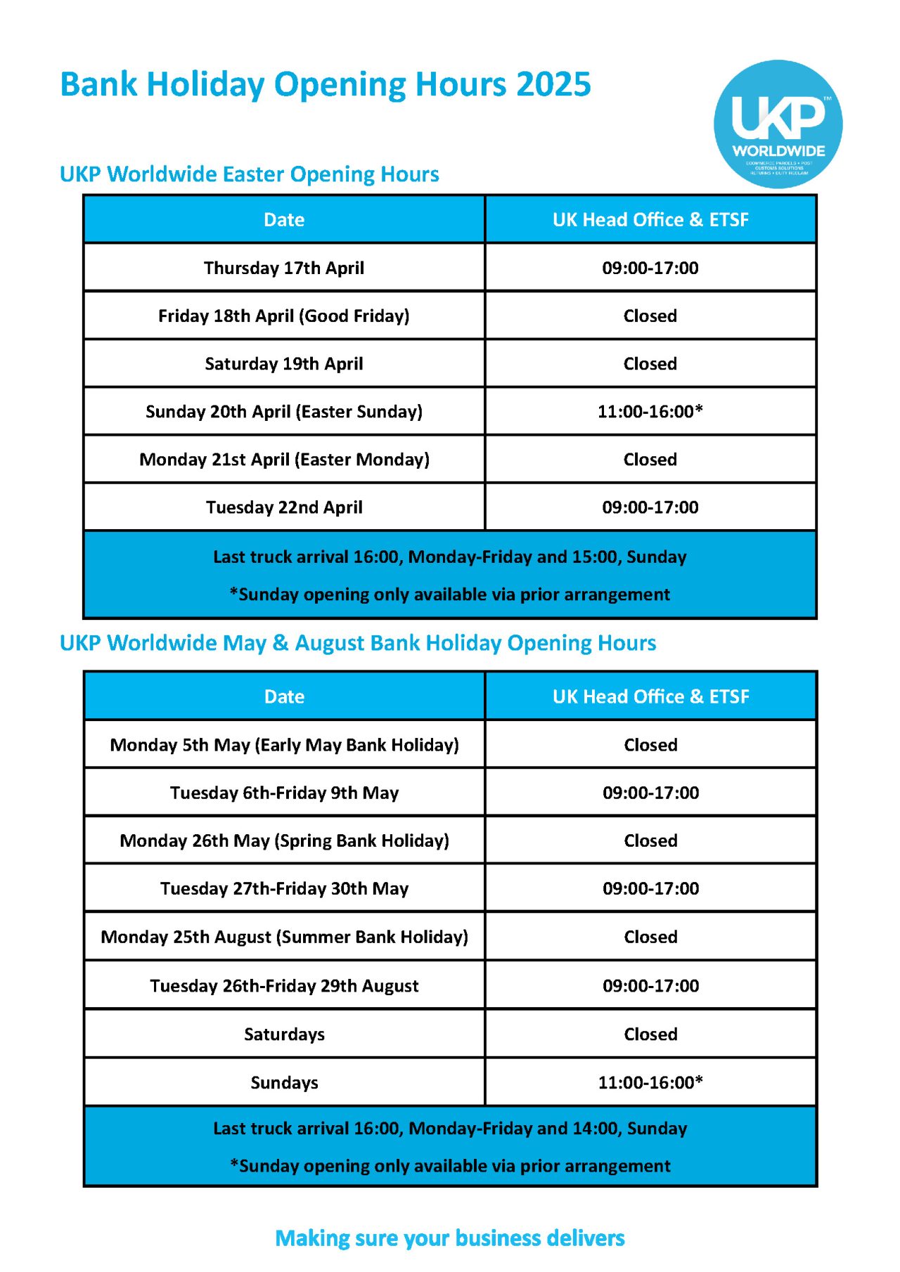 UKP Worldwide Bank Holiday Opening Hours 2025 - UKP Worldwide
